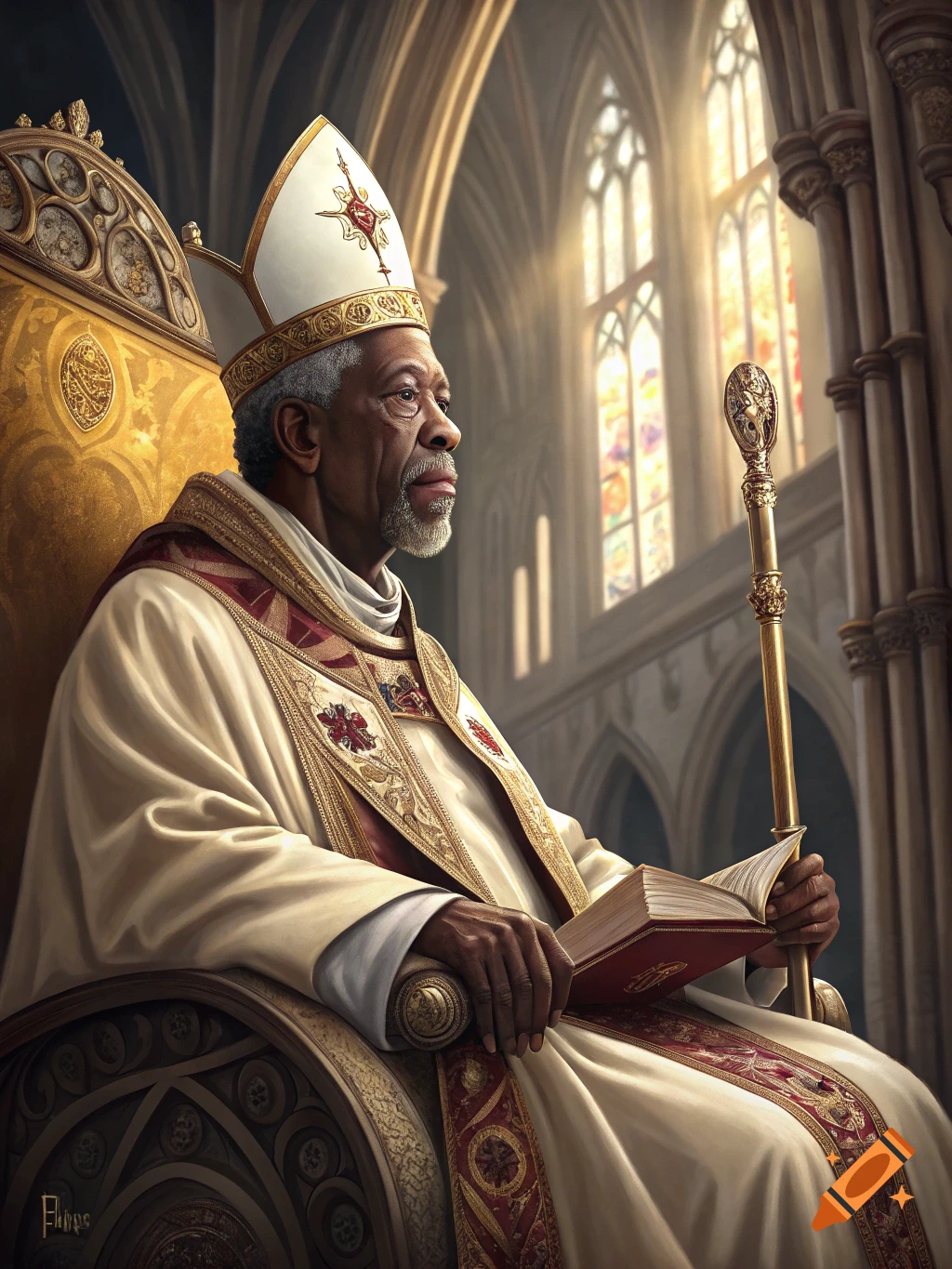 Morgan Freeman dressed as a pope sits on a throne in a cathedral ...