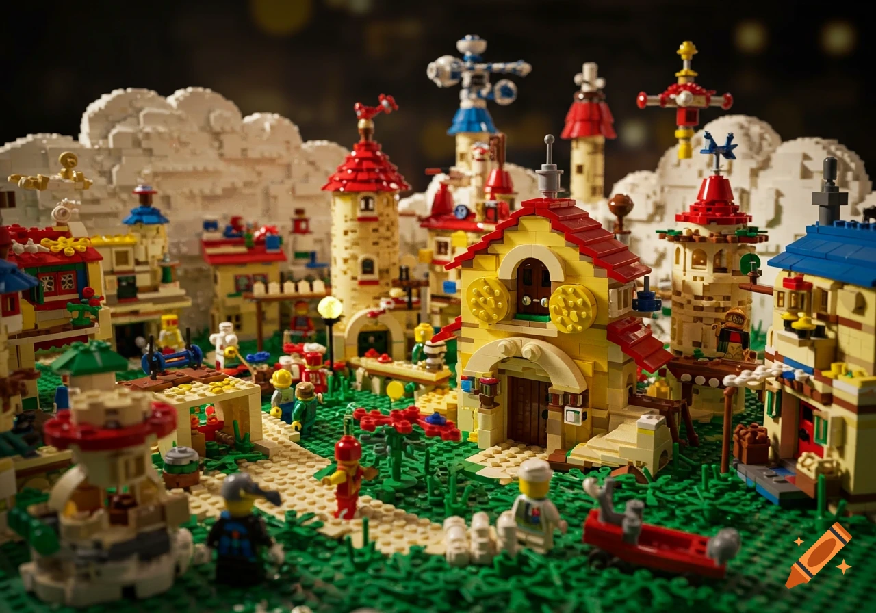 A vibrant LEGO brick town scene with colorful whimsical buildings and ...