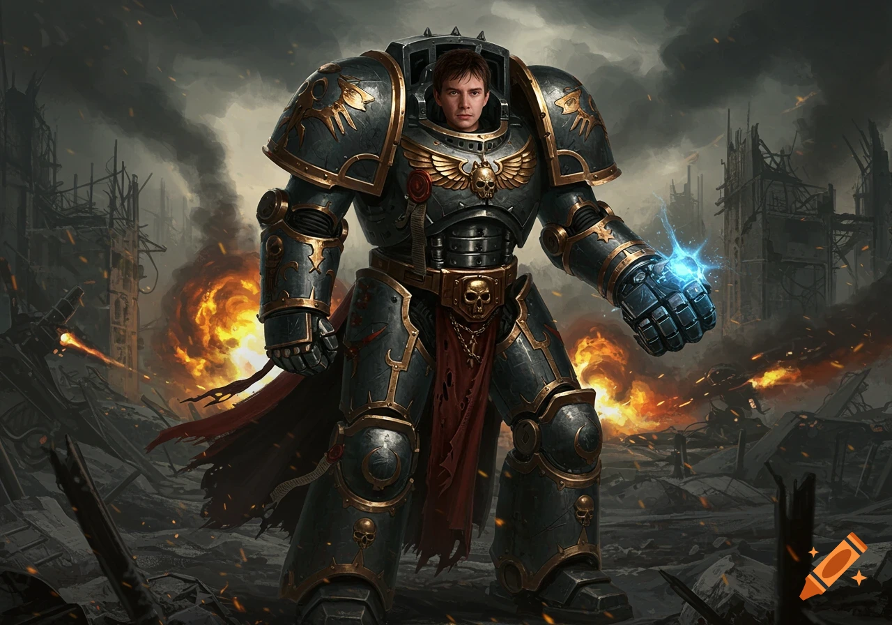 A person in dark gray and gold Warhammer 40k Terminator power armor ...