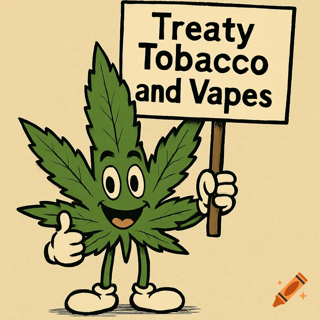 Cartoon marijuana leaf character holding a sign that says 'Treaty ...