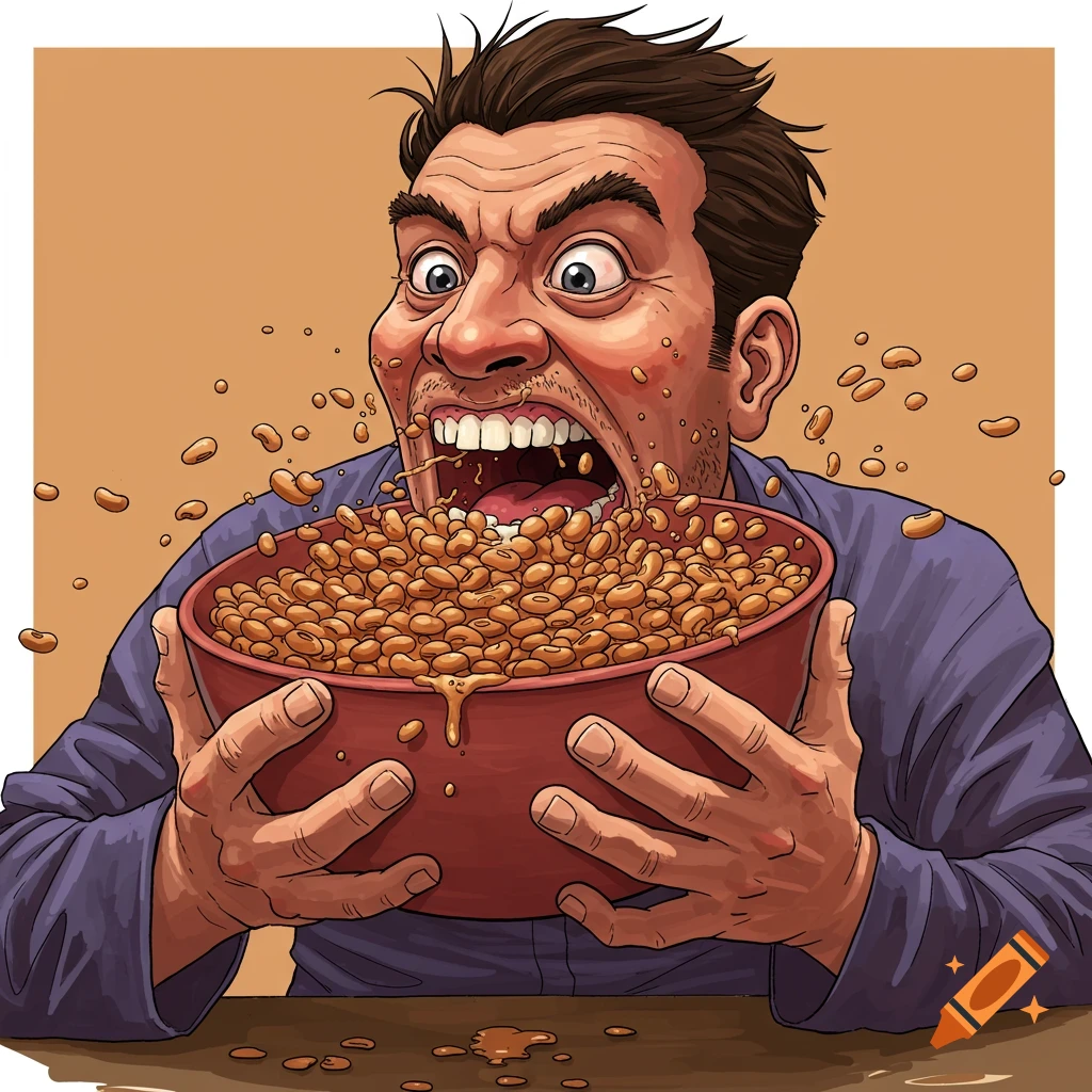 Cartoon illustration of a man aggressively eating a large bowl of beans. on Craiyon