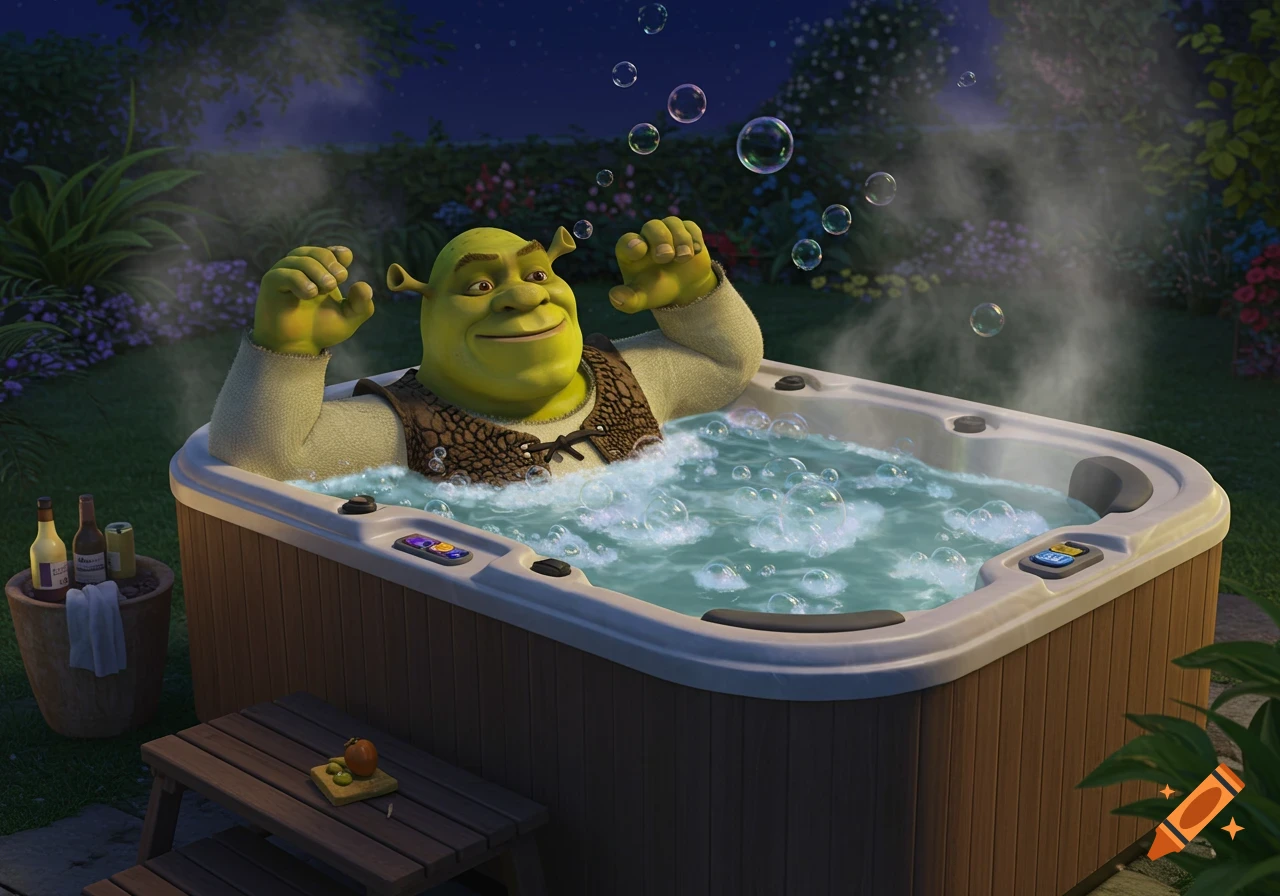 Shrek relaxes in a hot tub at night, surrounded by bubbles and steam ...