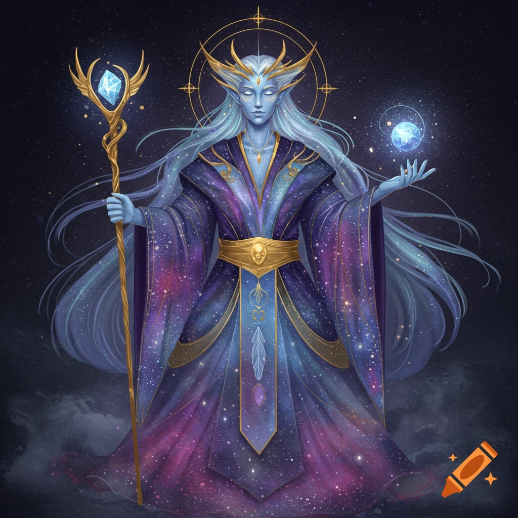 A cosmic fantasy figure in celestial robes holding a staff and orb. on ...