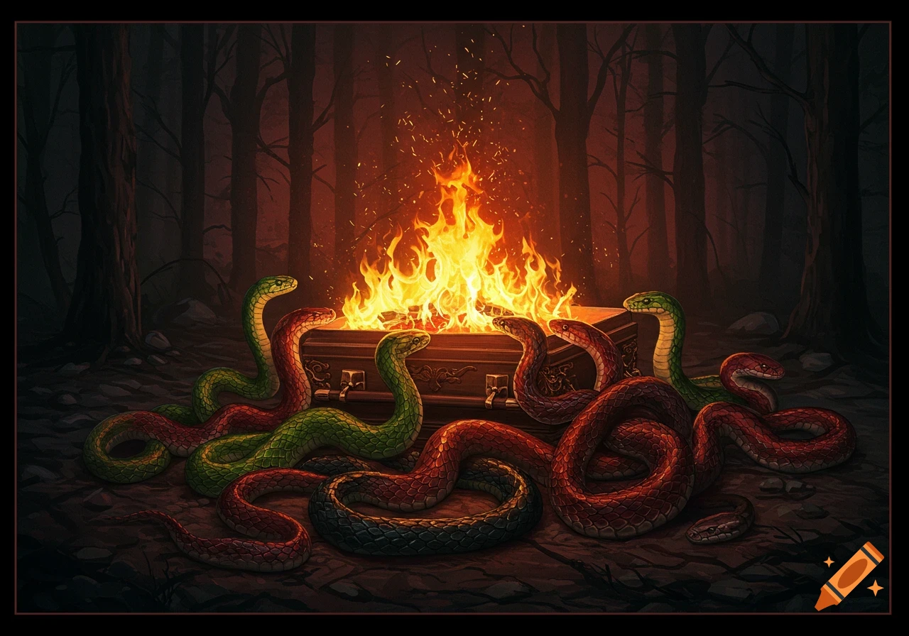 Red and green snakes surround a burning coffin in a dark forest. on Craiyon