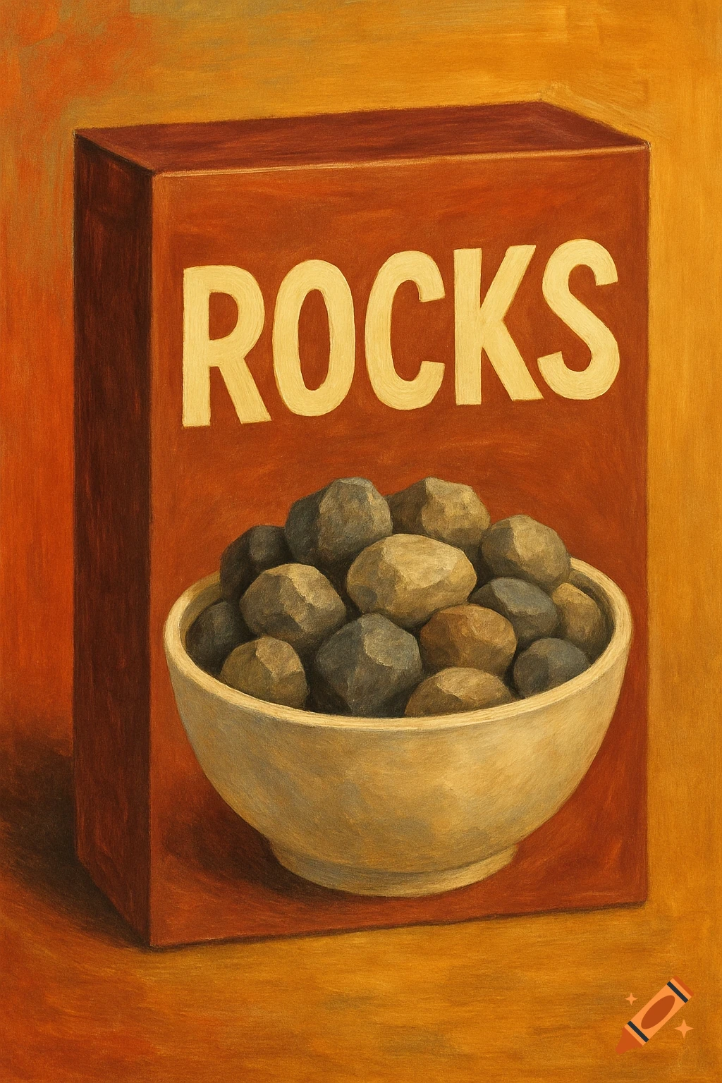 A painted still life of a cereal box labeled ROCKS with a bowl filled ...