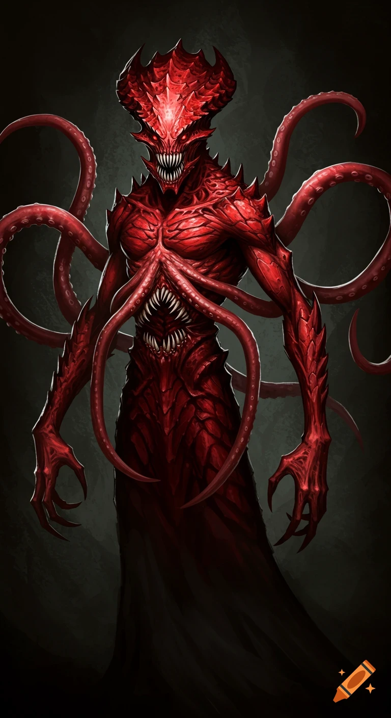 A tall red scaled monster with tentacles, sharp teeth, and claws ...