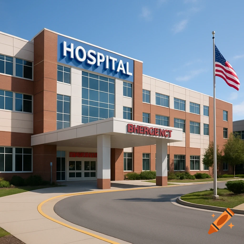 A modern hospital building with a large "Hospital" sign and an American ...