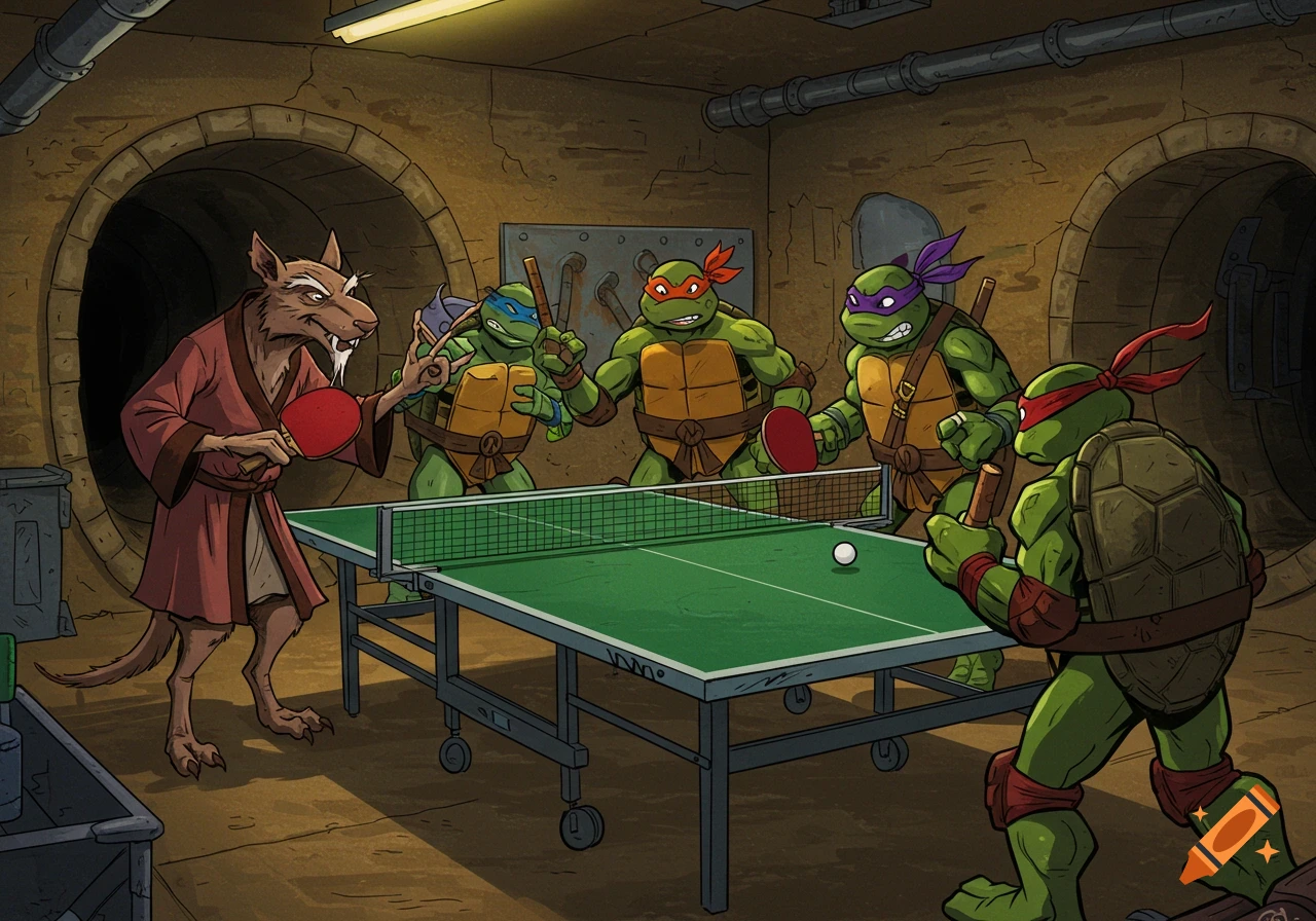 Master Splinter and four Teenage Mutant Ninja Turtles playing ping pong ...
