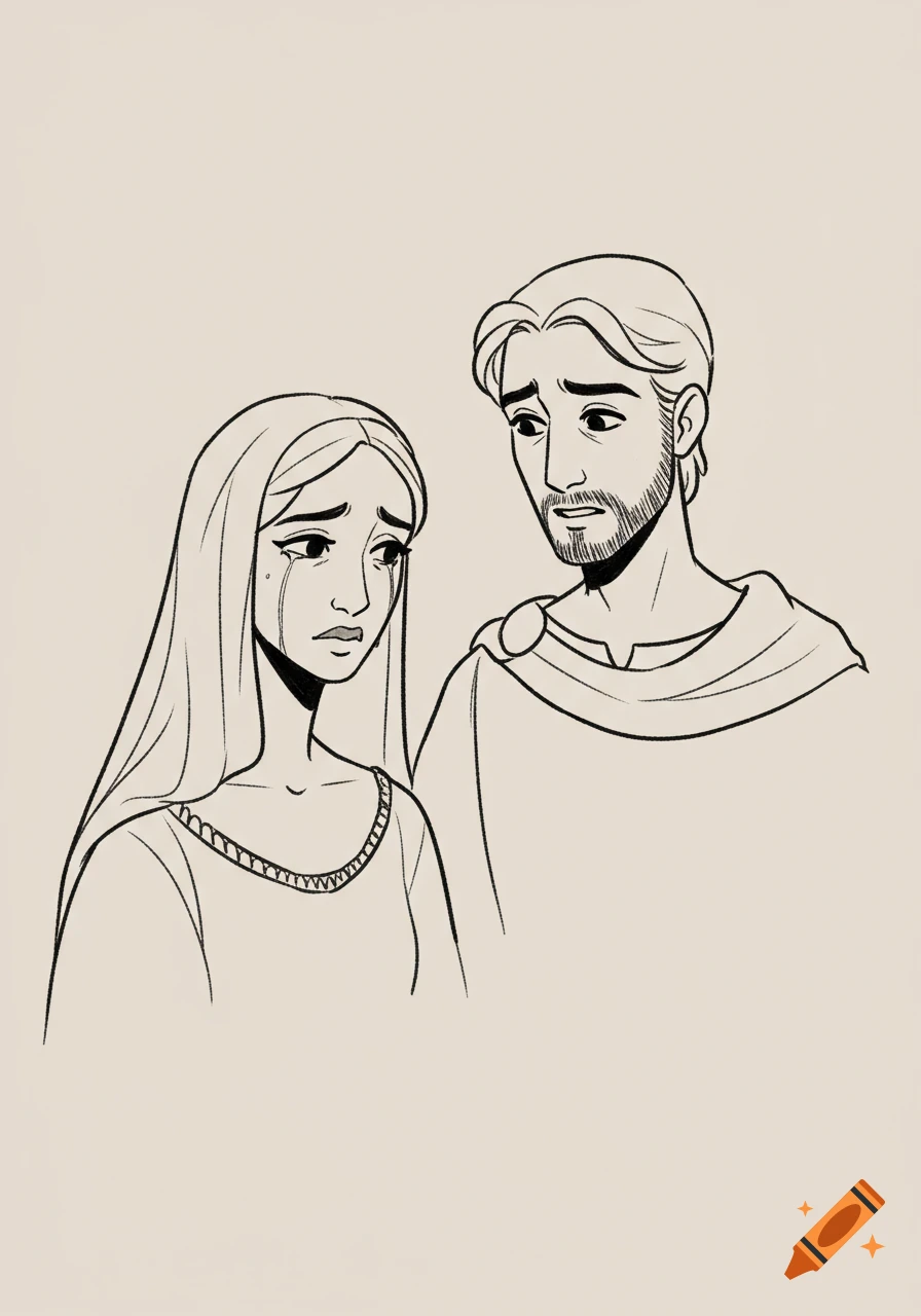 Black and white drawing of a crying woman and a concerned man. on Craiyon