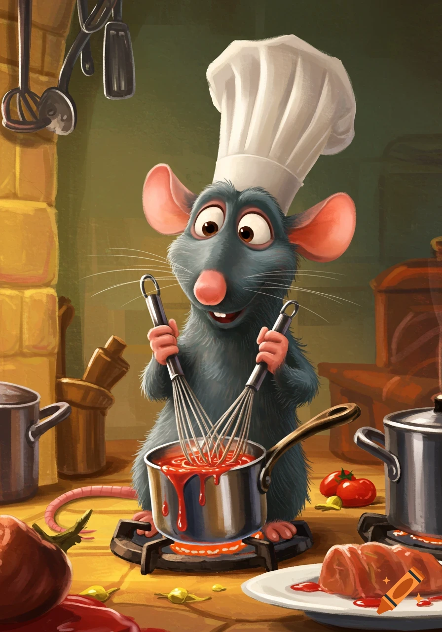 Cartoon rat wearing a chef hat and stirring sauce in a pot on a stove ...