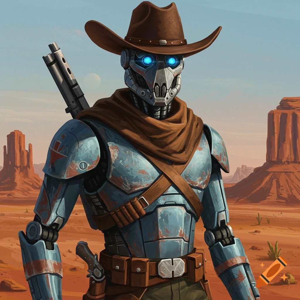 Cowboy robot with blue eyes in a desert landscape on Craiyon