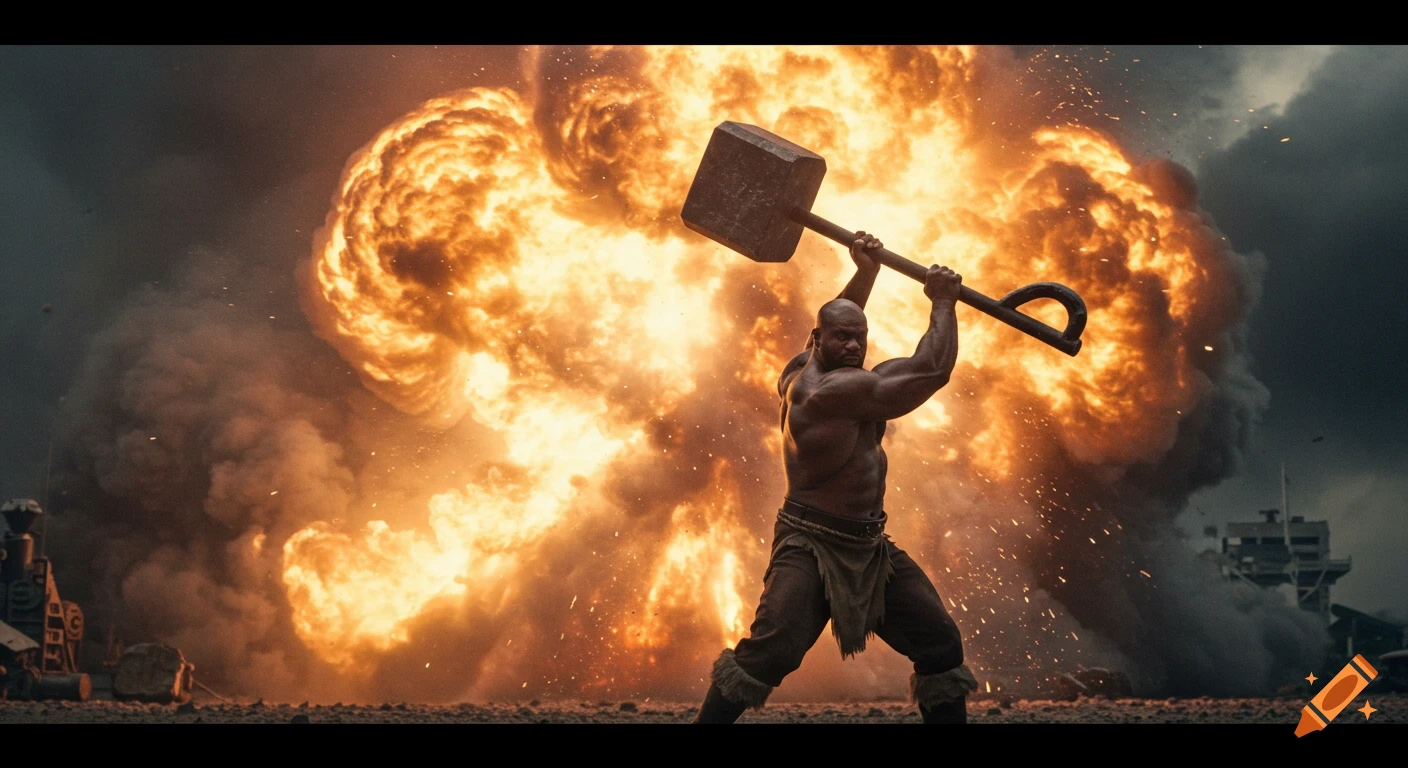 A muscular man swings a large hammer in front of a massive explosion ...