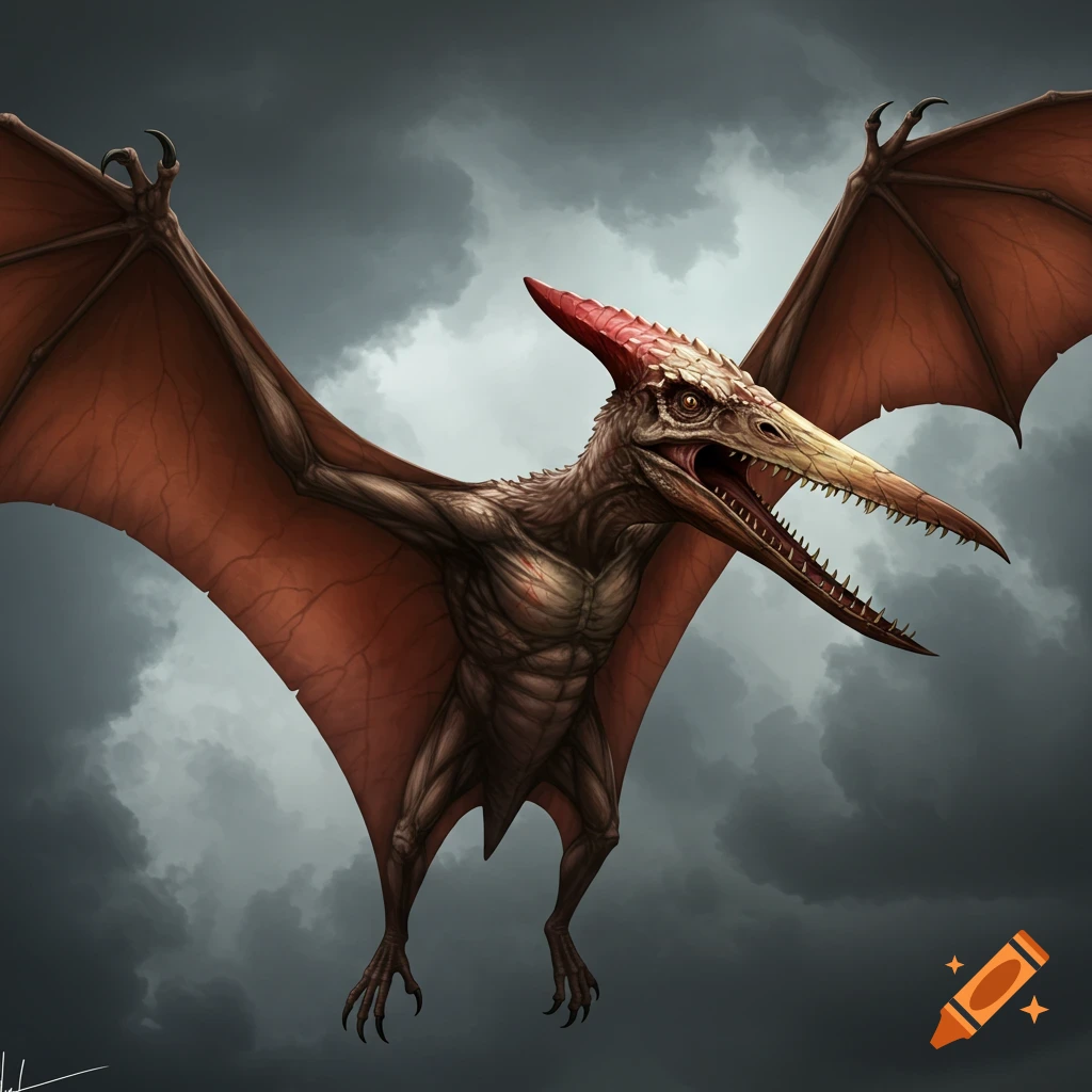 Enormous, scary pterodactyl flying in a stormy sky. on Craiyon