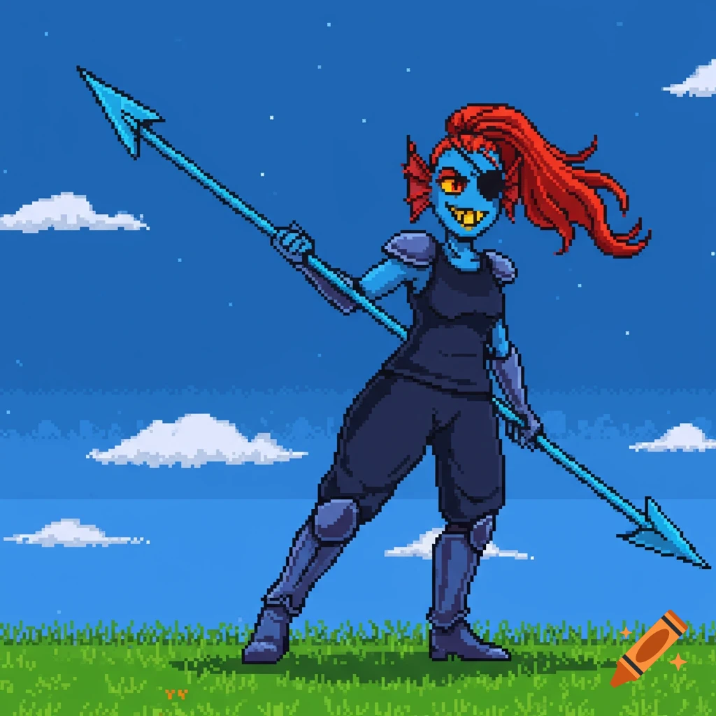 Undyne from Undertale in pixel art, standing in a field holding a spear ...