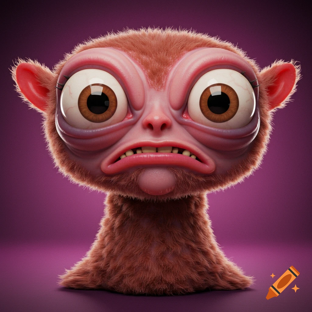 3D render of a furry, absurd creature with huge eyes and ...