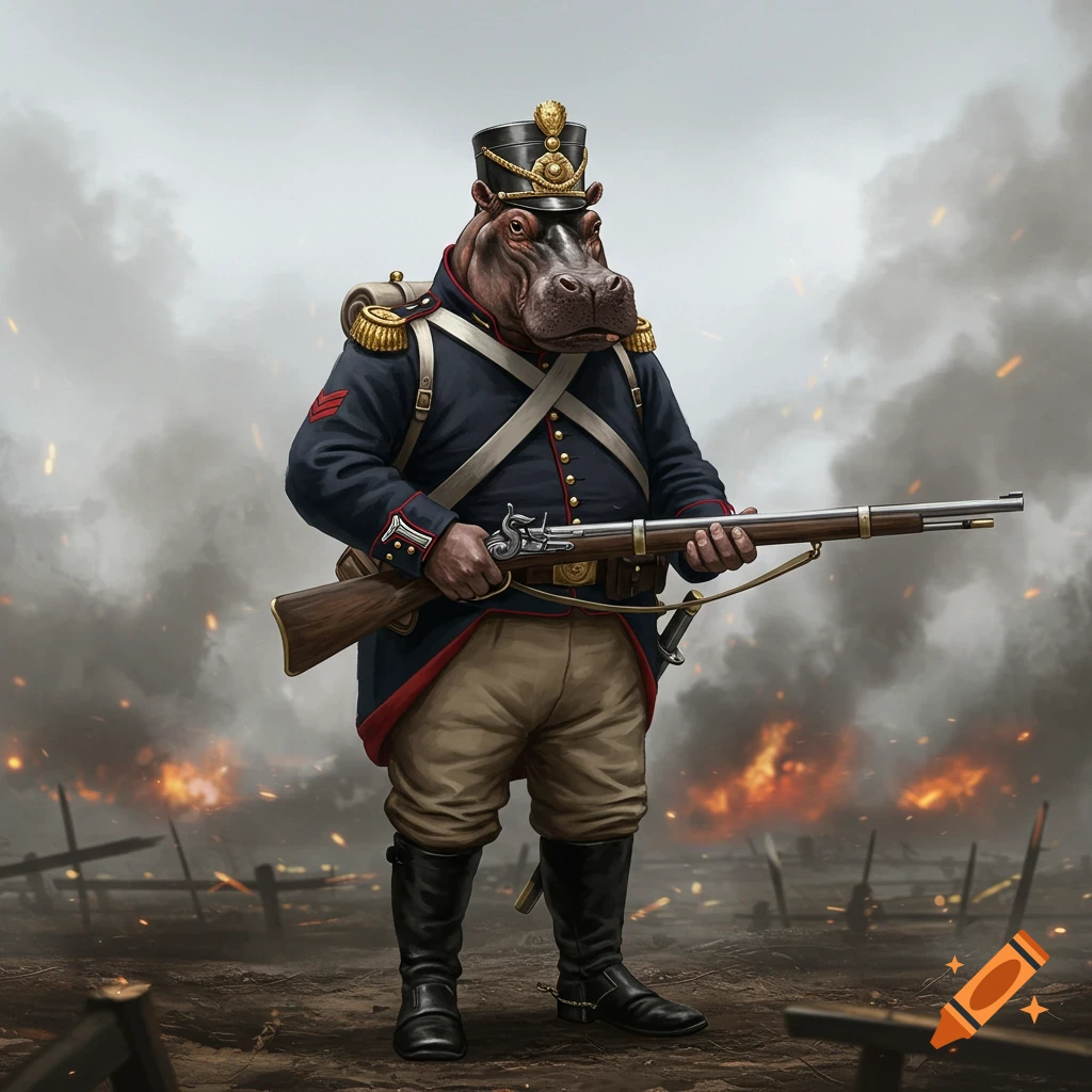 An anthropomorphic hippo in a 19th-century military uniform stands on a ...