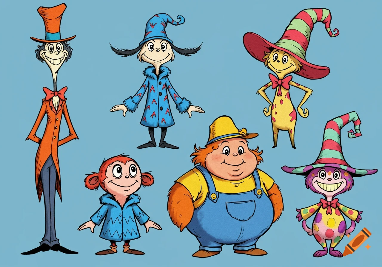 Group of diverse cartoon characters in a Dr. Seuss style on Craiyon