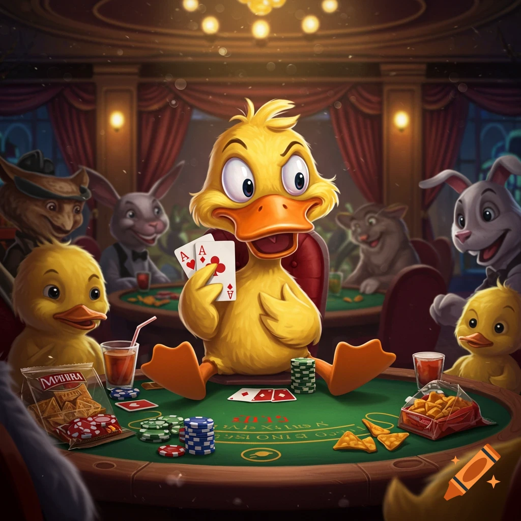 Cartoon duck playing poker at a table with other animals, holding two aces. on Craiyon