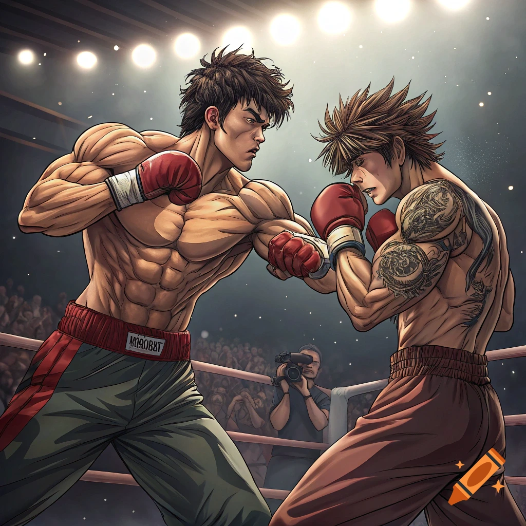 Two muscular men boxing in a ring, anime-style illustration on Craiyon