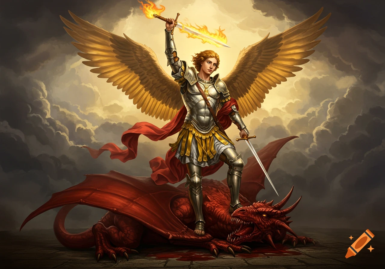 Archangel Michael in armor standing on a defeated red dragon, holding a ...