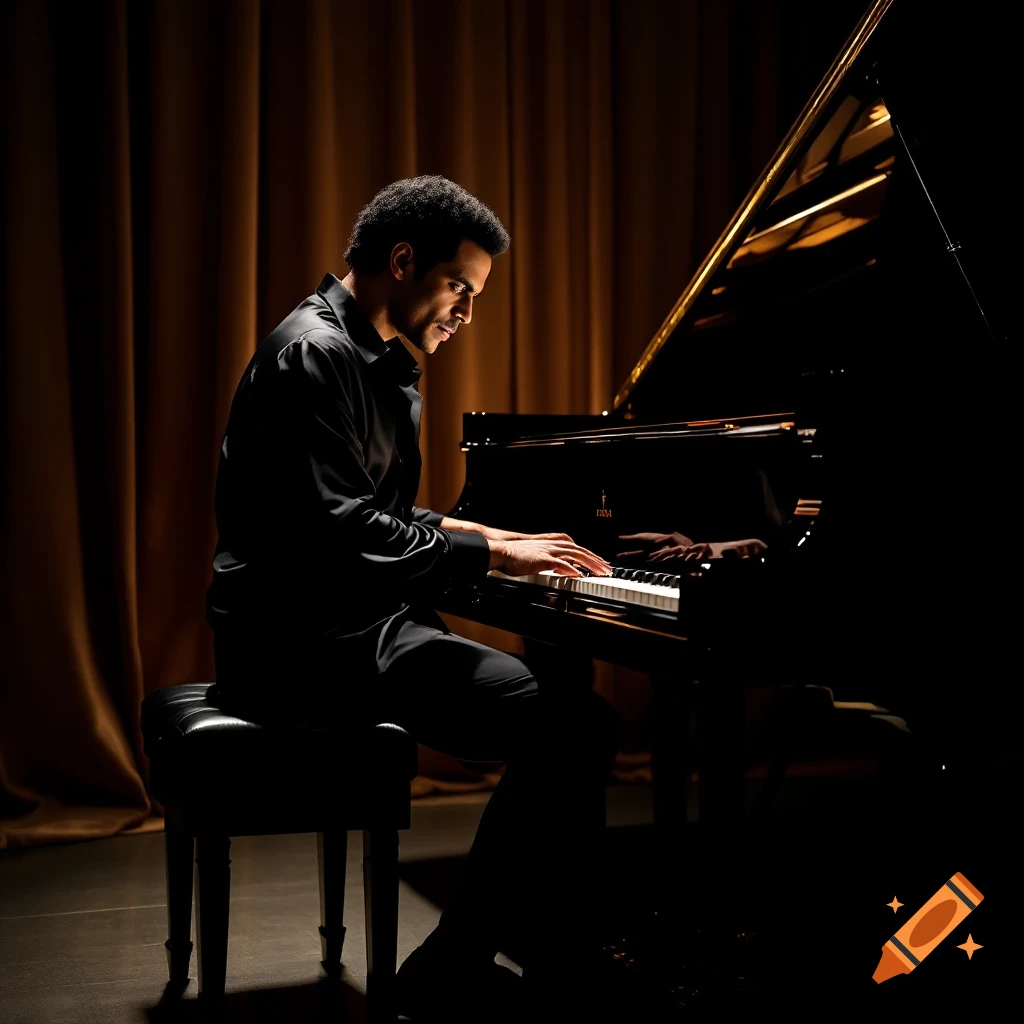 A man plays a grand piano under dramatic lighting. on Craiyon