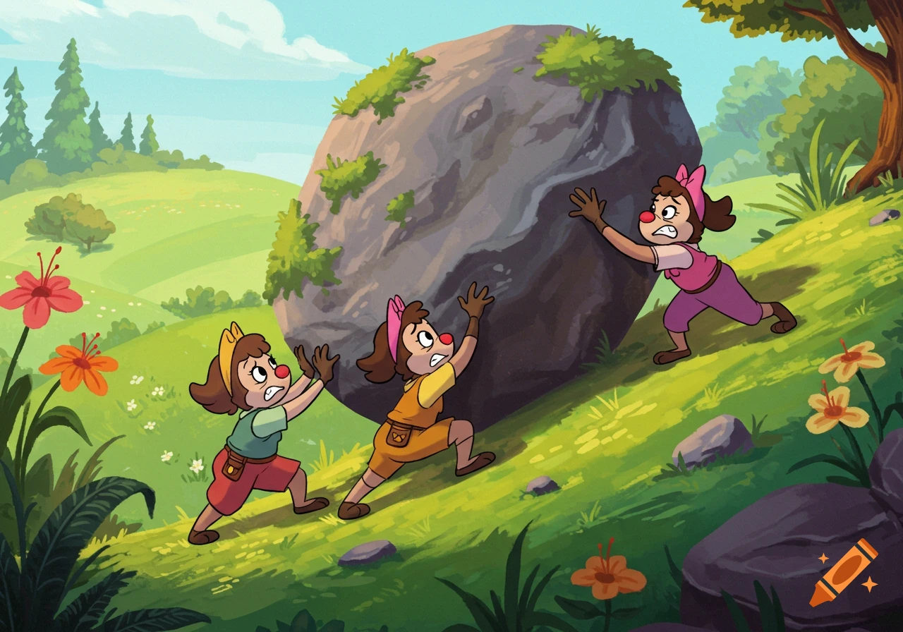 Three cartoon mice characters push a giant rock up a grassy hill in 2D ...