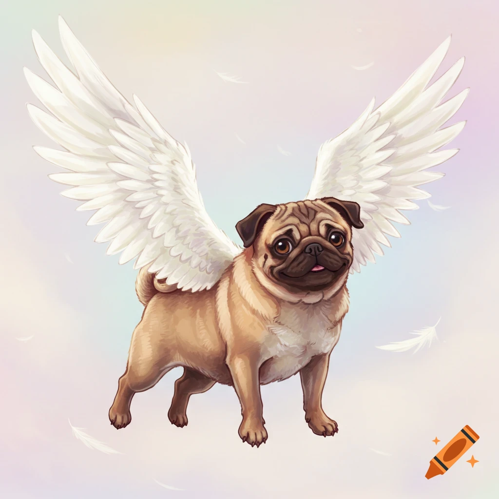 Illustration of a pug with white wings floating among feathers. on Craiyon