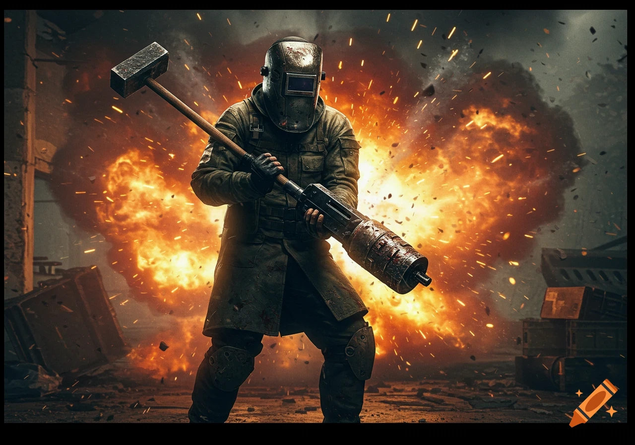 Character in welding mask holds large modified hammer/gun in front of a ...