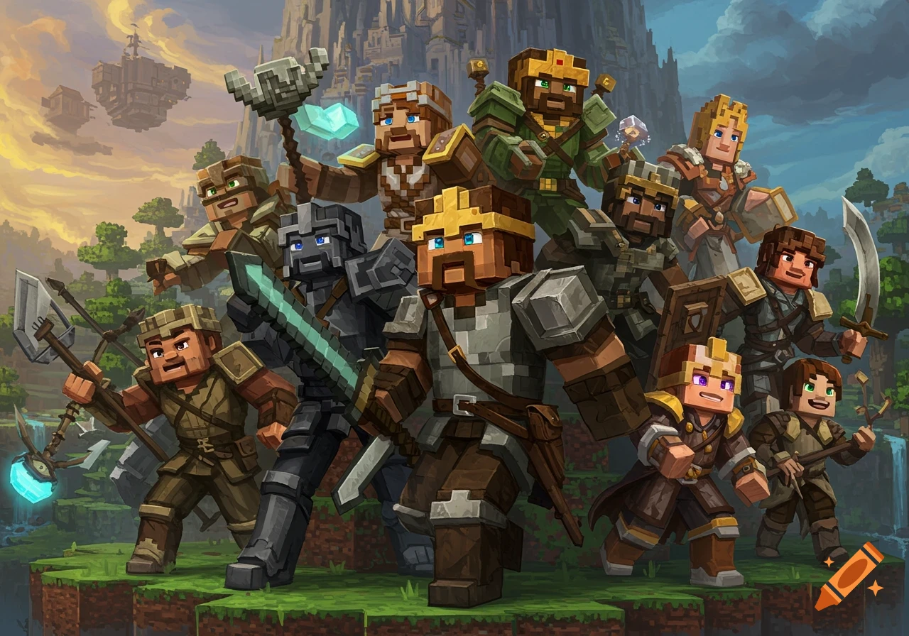 A group of blocky fantasy adventurers in Minecraft style, holding ...