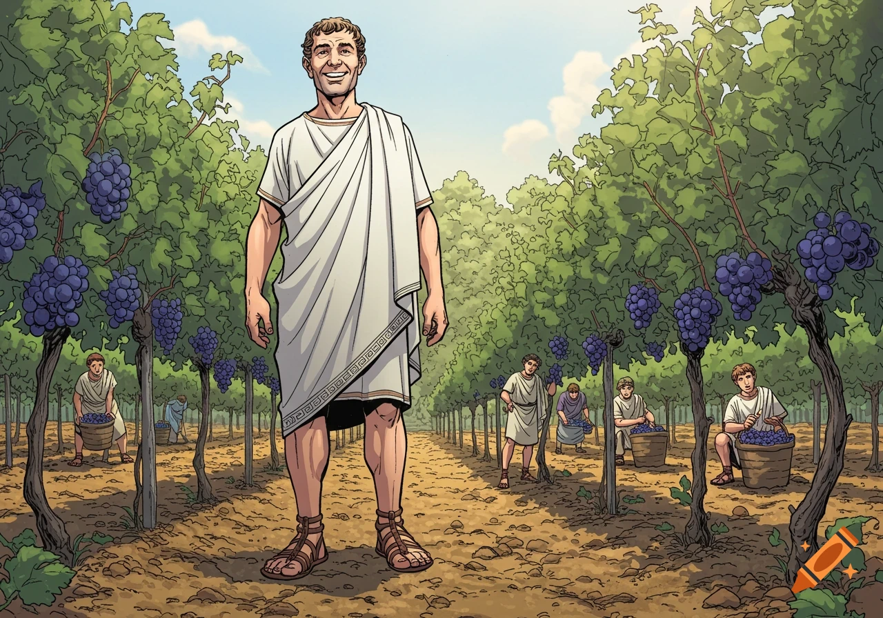 Comic art of a Roman man standing in a vineyard where people harvest ...