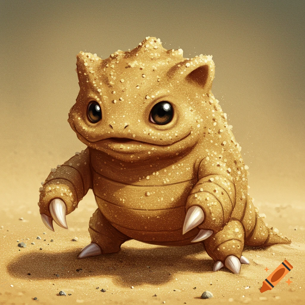 A sandy, realistic-looking creature similar to Trapinch stands on sand ...