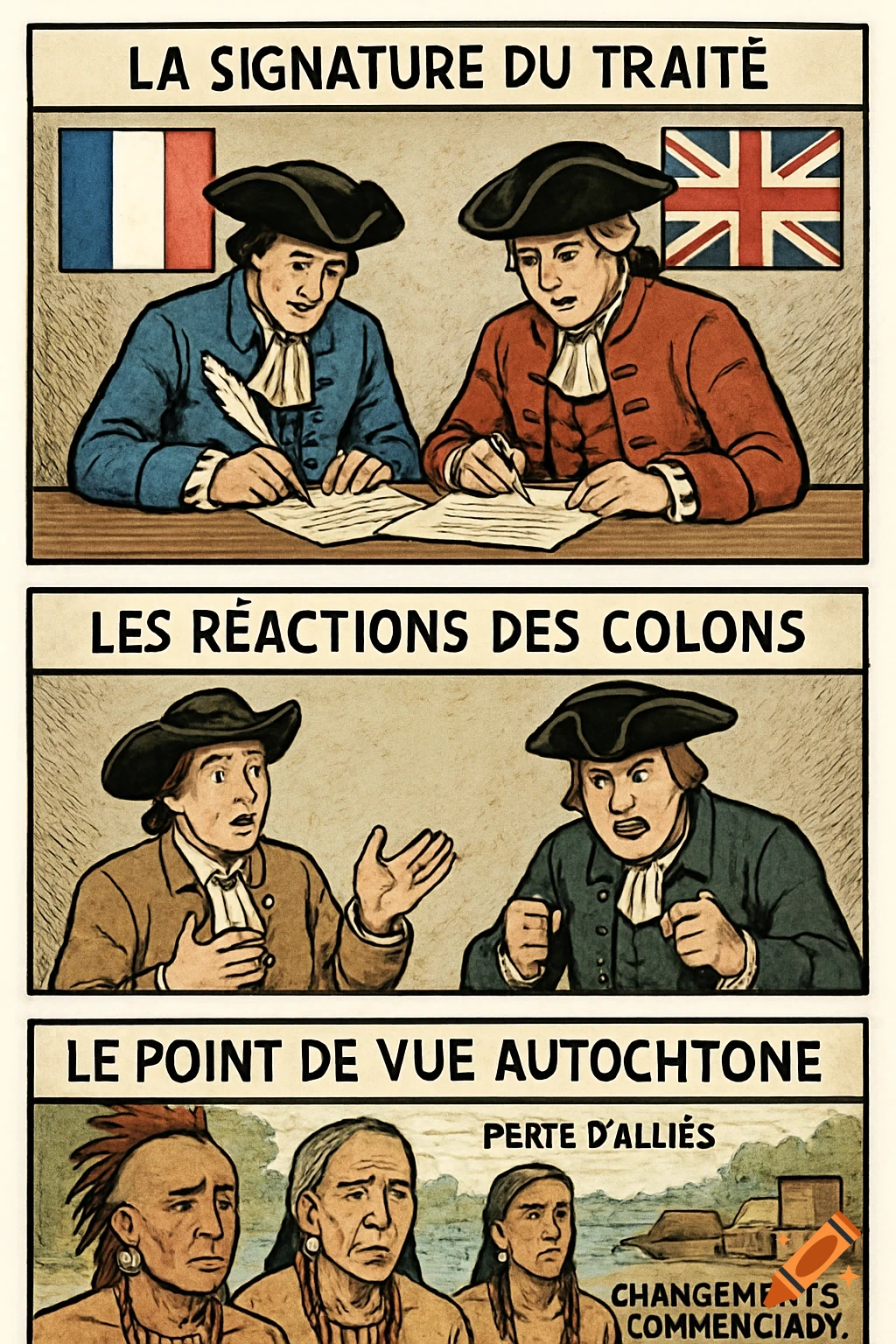A three-panel historical comic strip depicting treaty signing, colonial ...