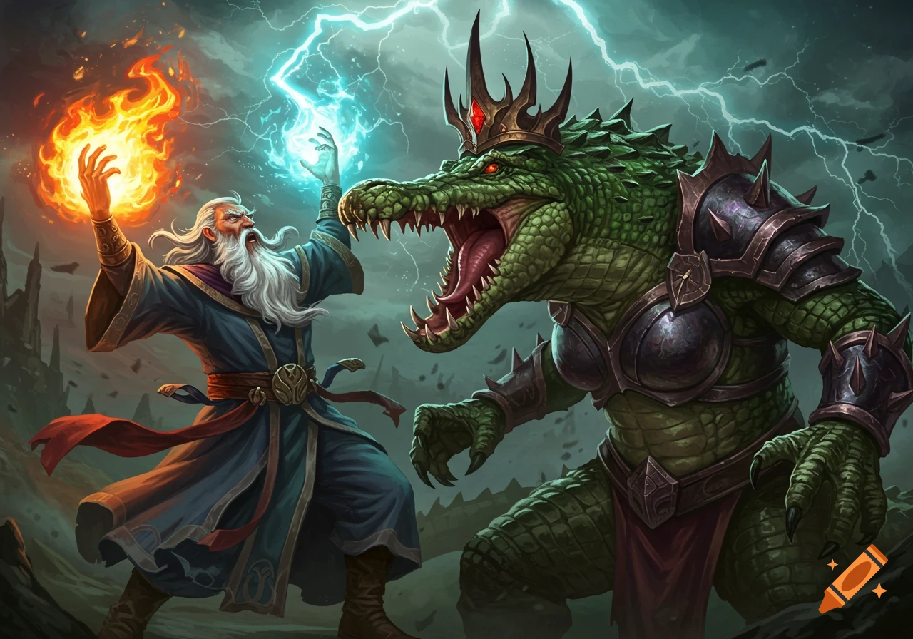 A wizard battles a giant armored crocodile queen with fire and ...