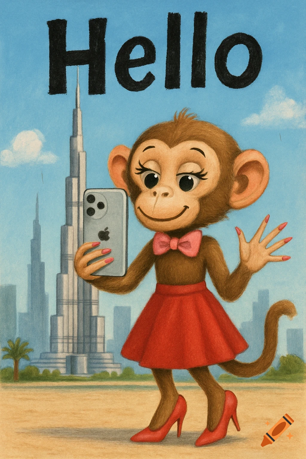 Illustration of a monkey in a skirt and high heels taking a selfie with ...