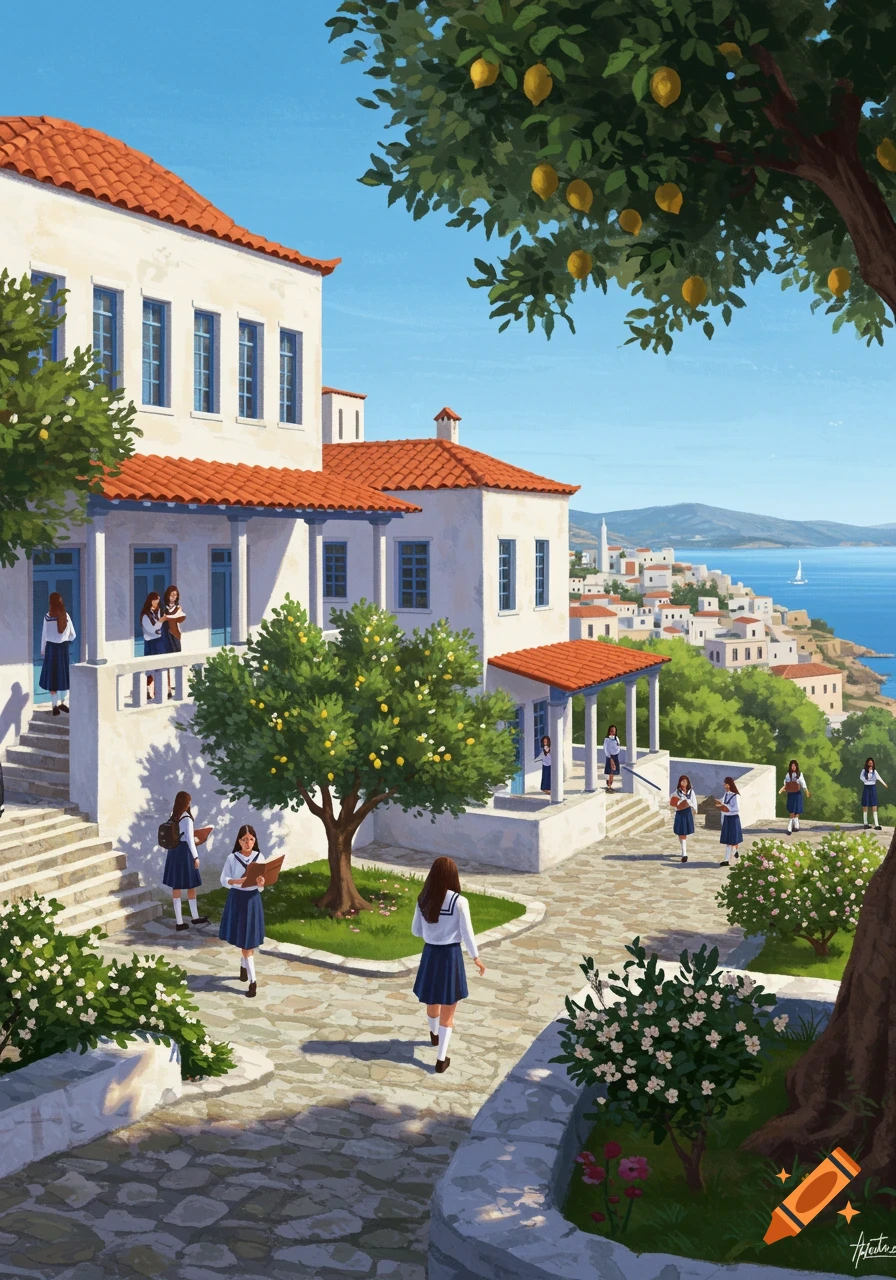 Illustration of an all-girls school building and courtyard in a Greek ...