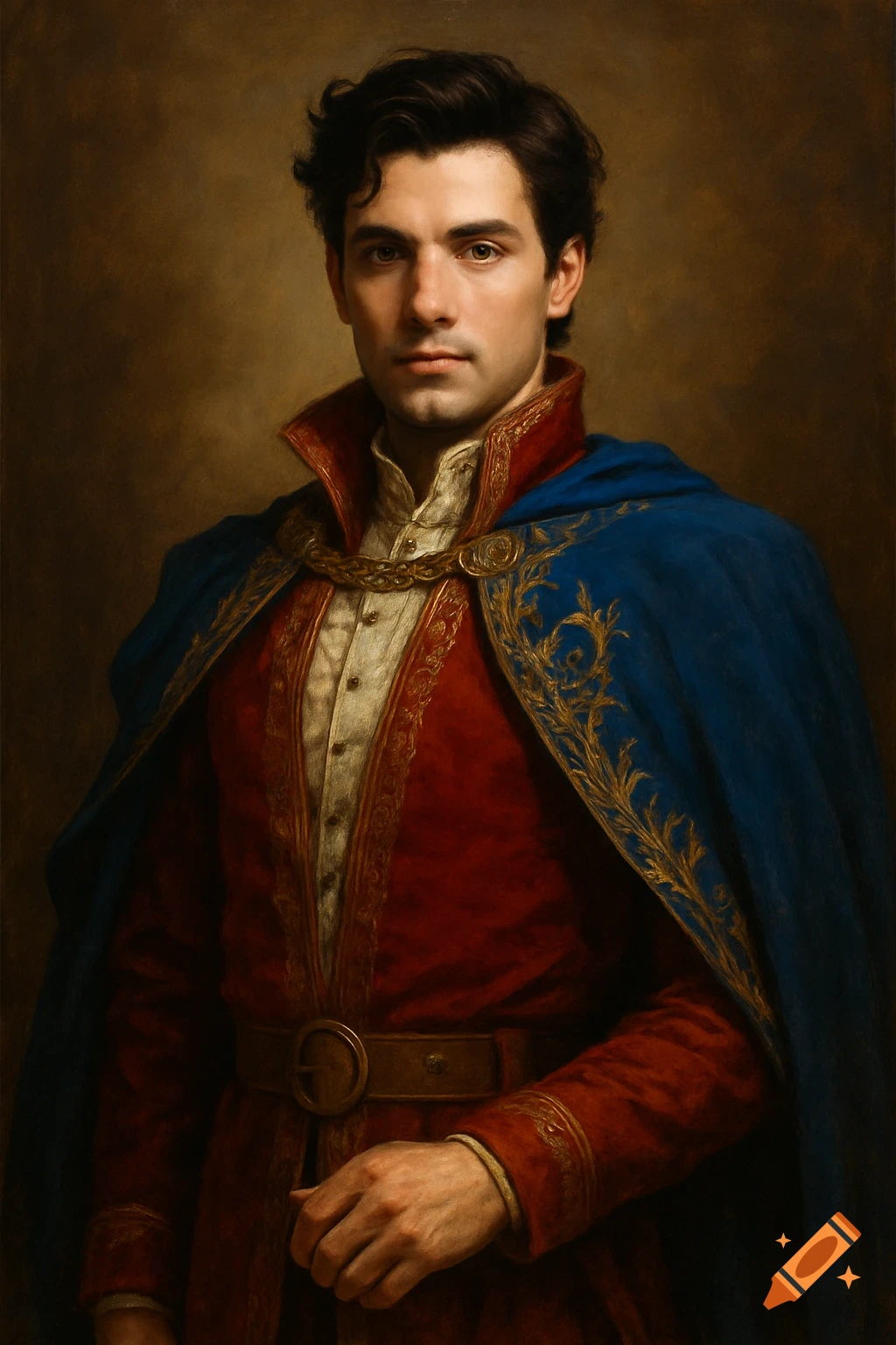 Portrait painting of a handsome man in red and blue historical clothing ...