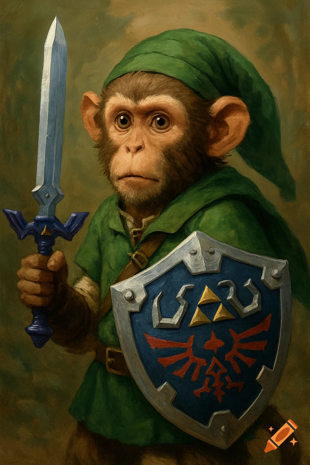 Painting of a monkey dressed as Link holding the Master Sword and ...