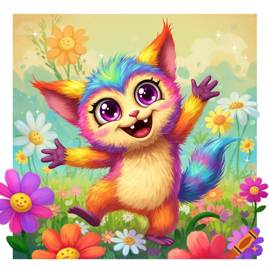 A cute, rainbow-colored fantasy creature dancing among bright flowers ...