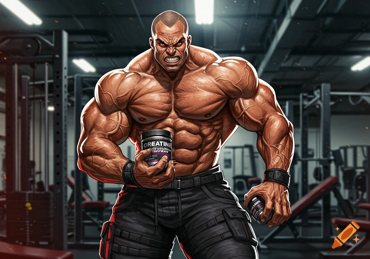 Muscular man in a gym holds a container of creatine in a comic book ...