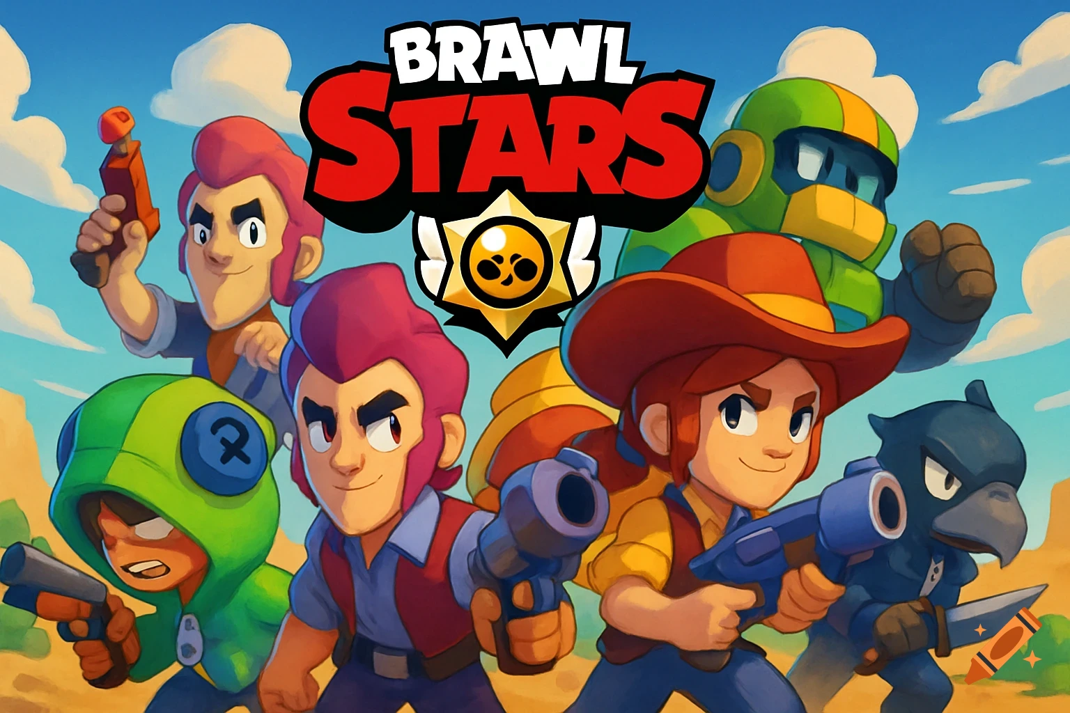 Cartoon characters from Brawl Stars stand together with weapons under ...
