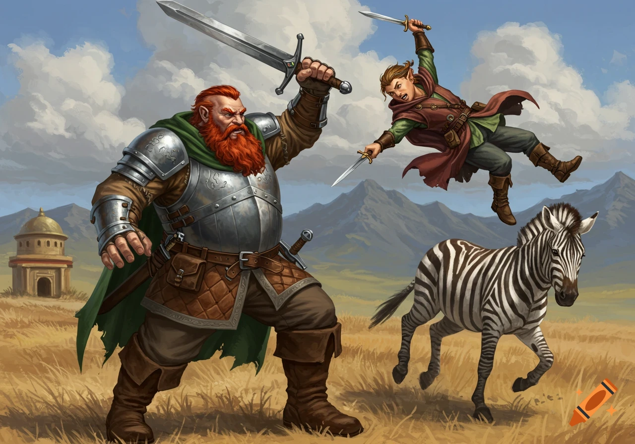A large dwarf fighter with a red beard swings a sword at a halfling ...