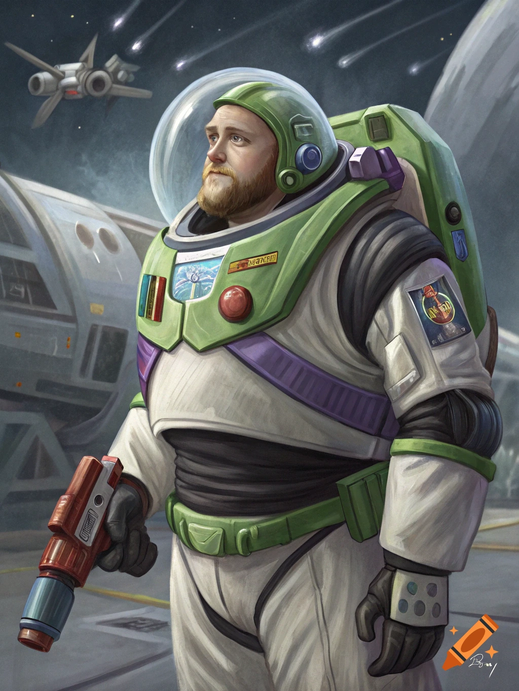 Realistic digital painting of a bearded man in a Buzz Lightyear suit standing in a spaceport as ...