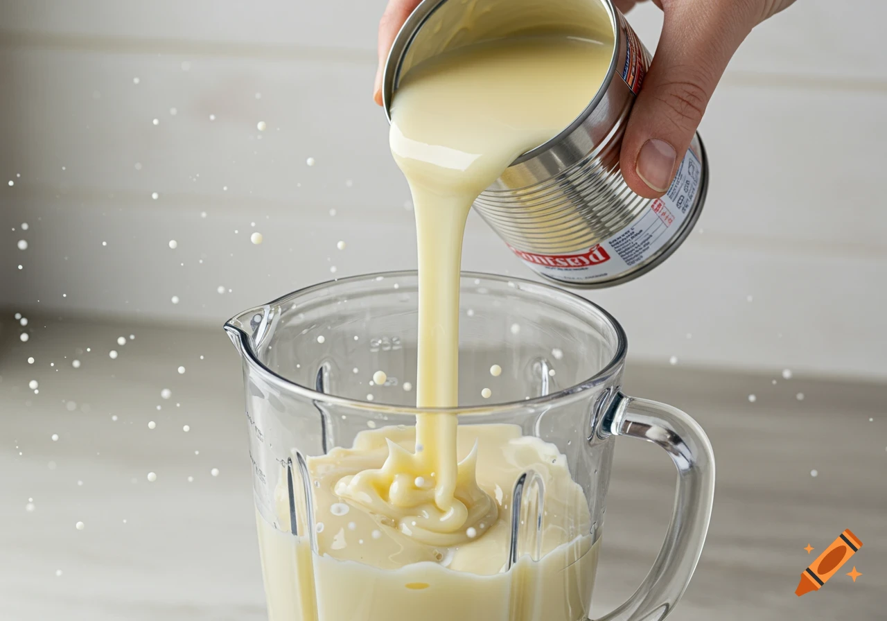 Photorealistic image of condensed milk being poured from a can into a ...
