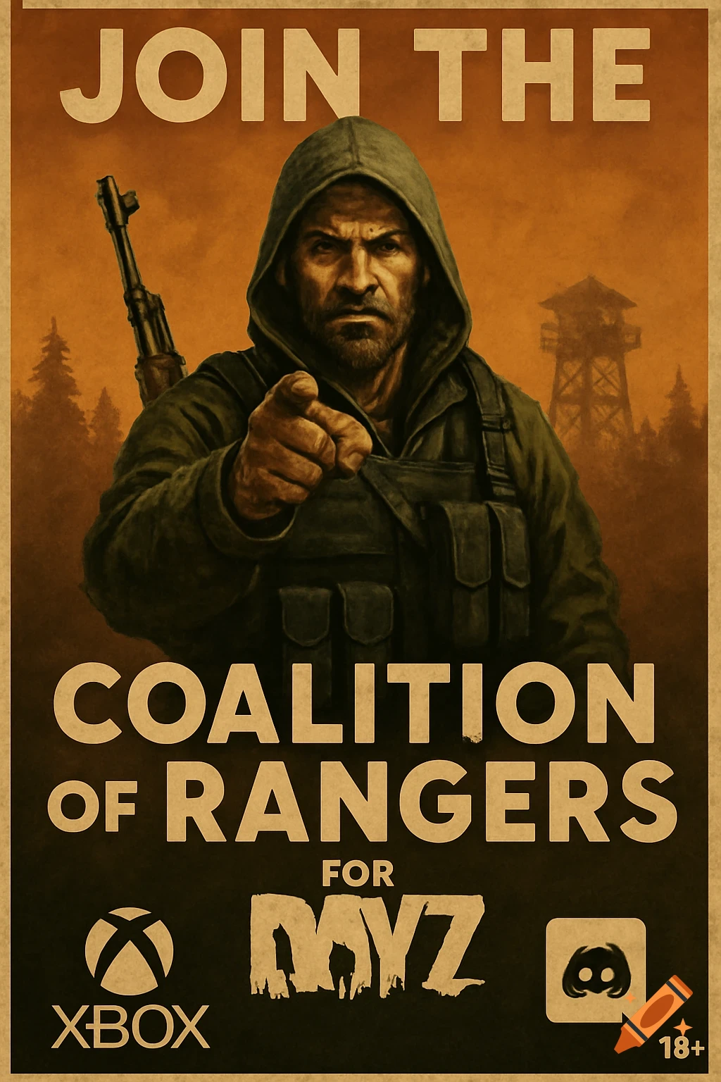 Recruitment poster for DayZ with hooded figure pointing, text 'JOIN THE ...