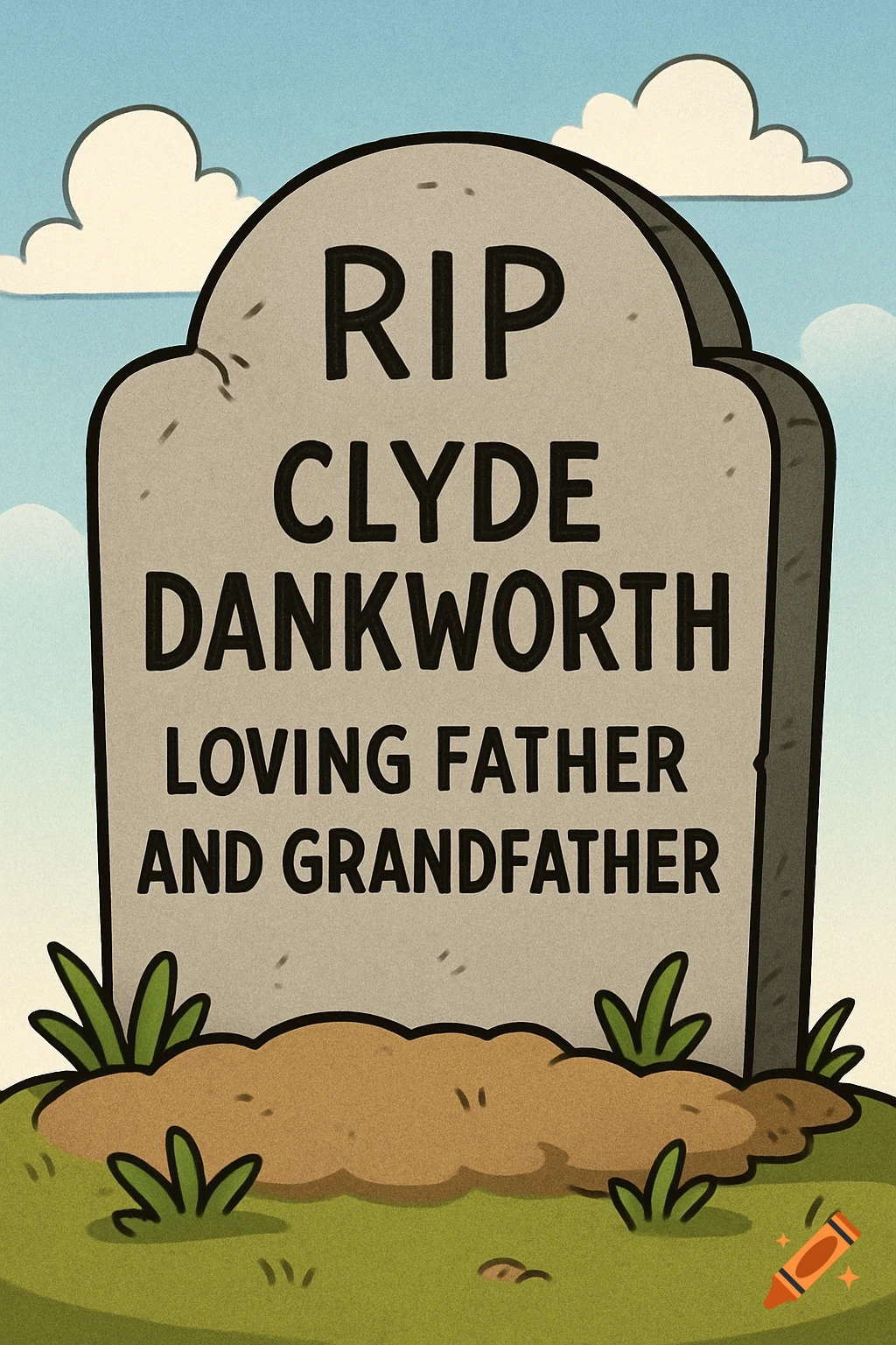 Cartoon gravestone in a field with clouds and text on Craiyon