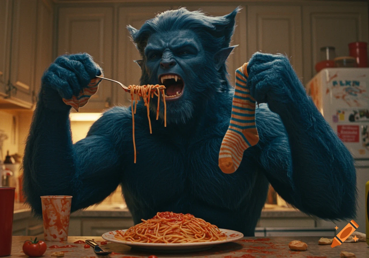 Beast from X-Men eats a large plate of spaghetti while holding up a ...
