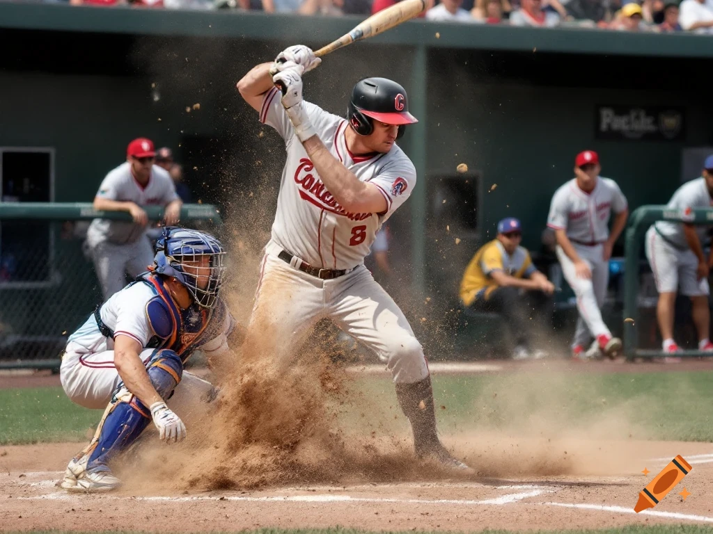 Photorealistic image of a baseball player batting, kicking up dirt, with a catcher behind him ...
