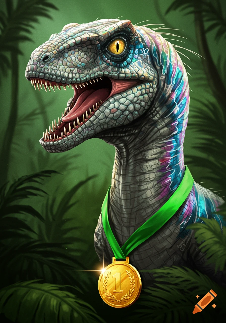 A colorful velociraptor wears a gold medal with a green ribbon around ...