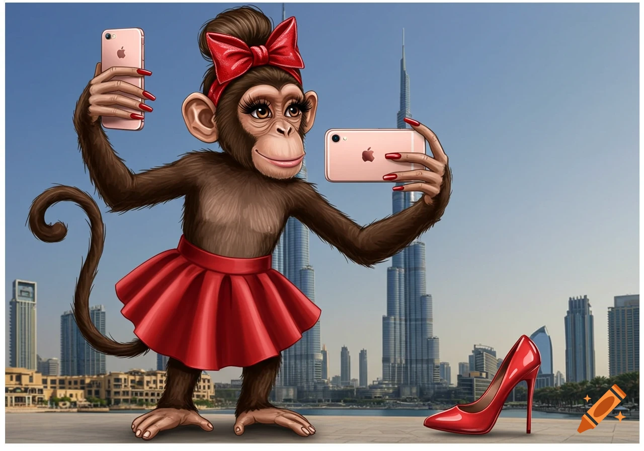 A cartoon monkey in a red skirt and bow takes a selfie with an iPhone ...