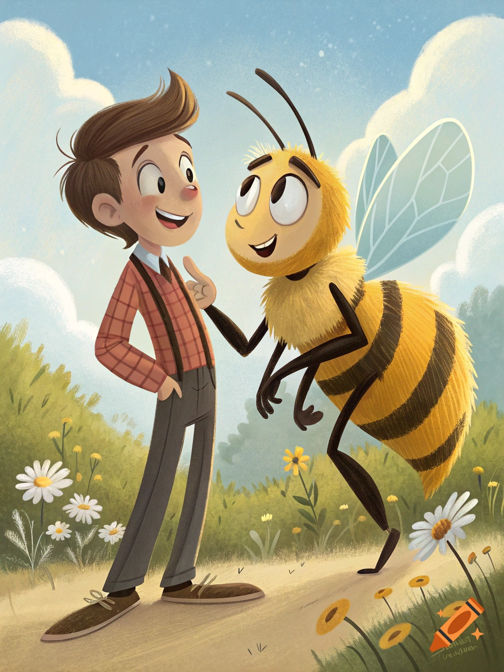 Cartoon illustration of a boy pointing at a large bee in a field of ...